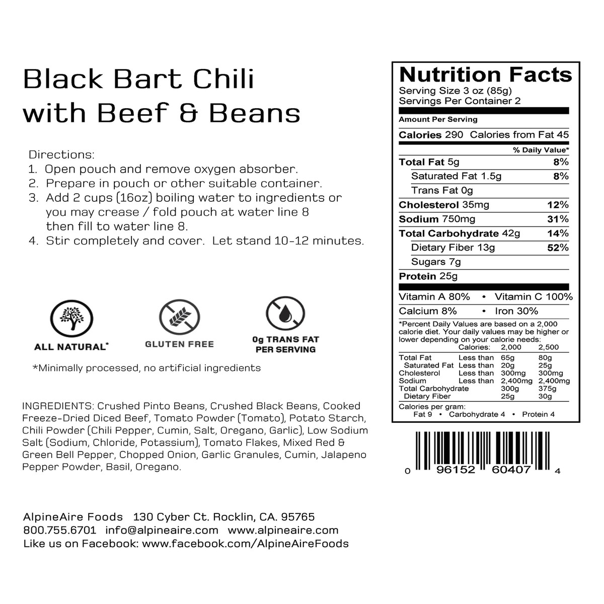 AlpineAire Black Bart Beef & Beans Chili - Hike & Camp