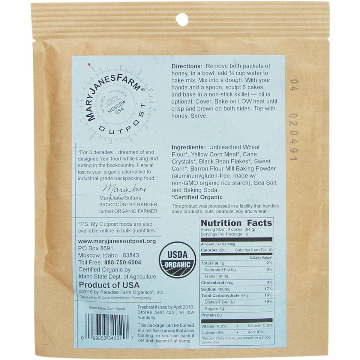 Mary Janes Farm Organic Black Bean Corn Bread - Hike & Camp